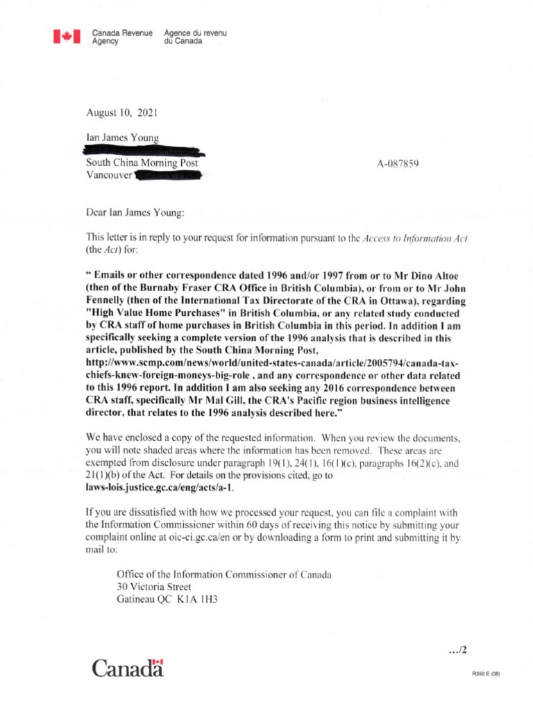 Canada Revenue Agency ATIP Response PDF Economies Information Science