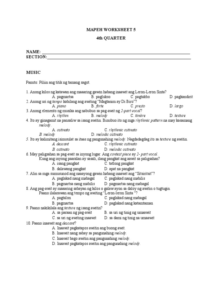 Mapeh4 Q4 Worksheet 5 | PDF