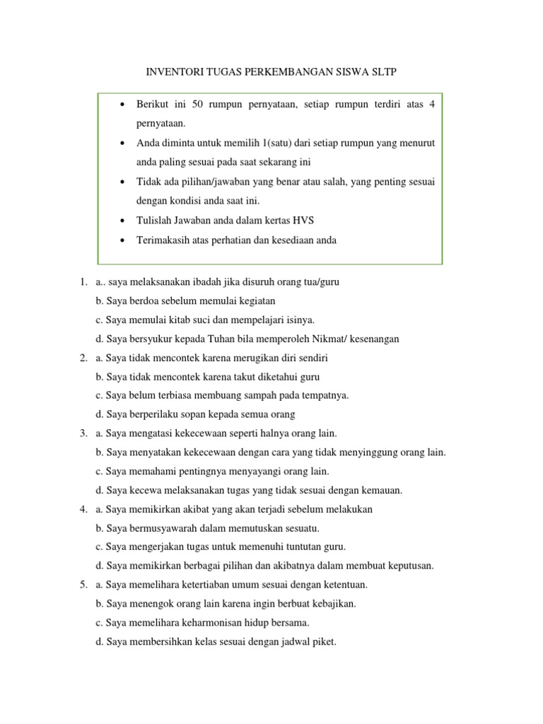 Tugas 1. INVENTORI TUGAS PERKEMBANGAN SISWA SLTP | PDF