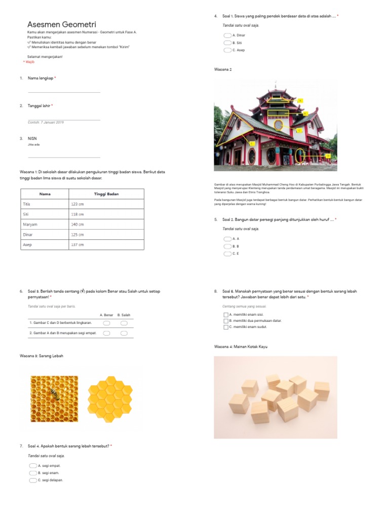 Numerasi Fase A (Kelas 1 2SD) Geometri SOAL | PDF