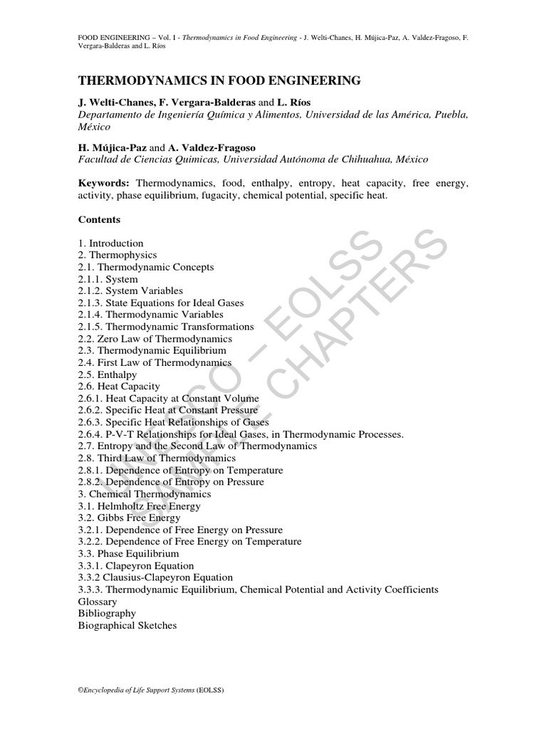 Unesco - Eolss Sample Chapters: Thermodynamics in Food Engineering | Download Free PDF ...