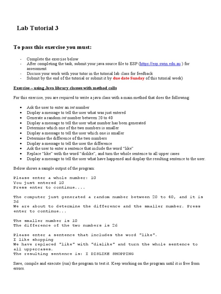Lab Tutorial 3 To Pass This Exercise You Must Pdf Java Programming Language Information 