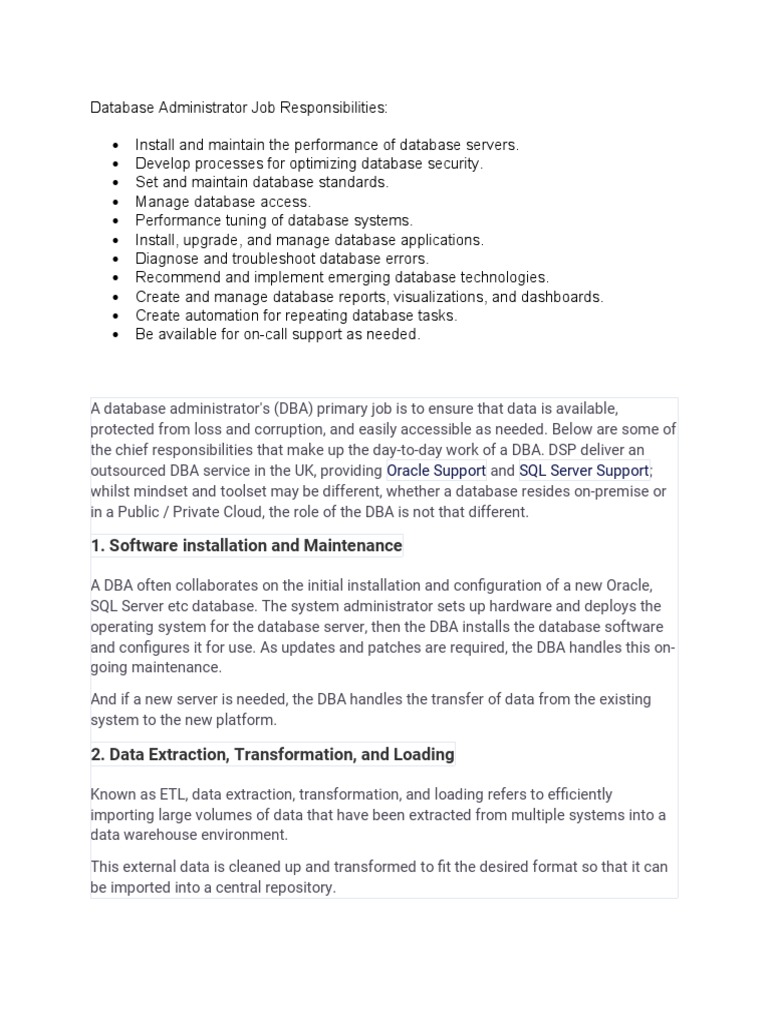 Database Administrator Job Responsibilities | PDF | Databases | Backup