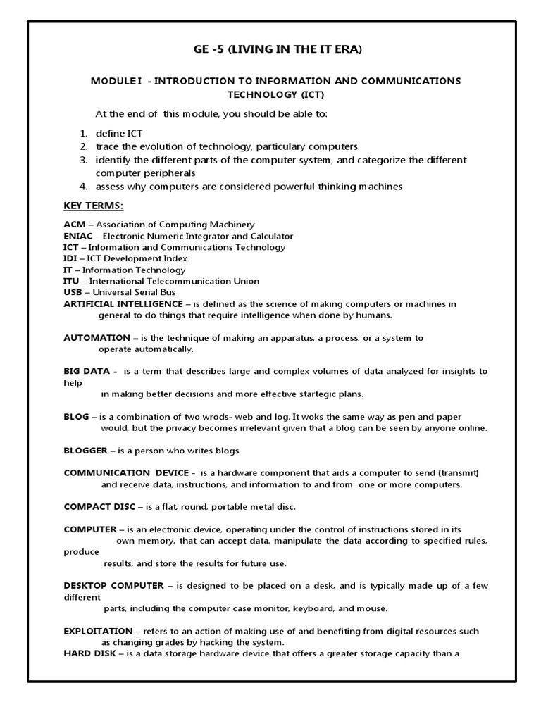 Ge - 5 (Living in The It Era) : Module I - Introduction To Information ...