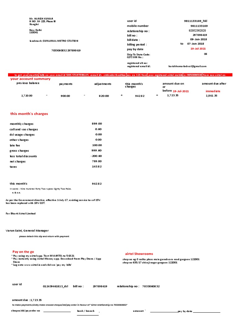 Airtel Postpaid Bill | PDF | Cheque | Payments