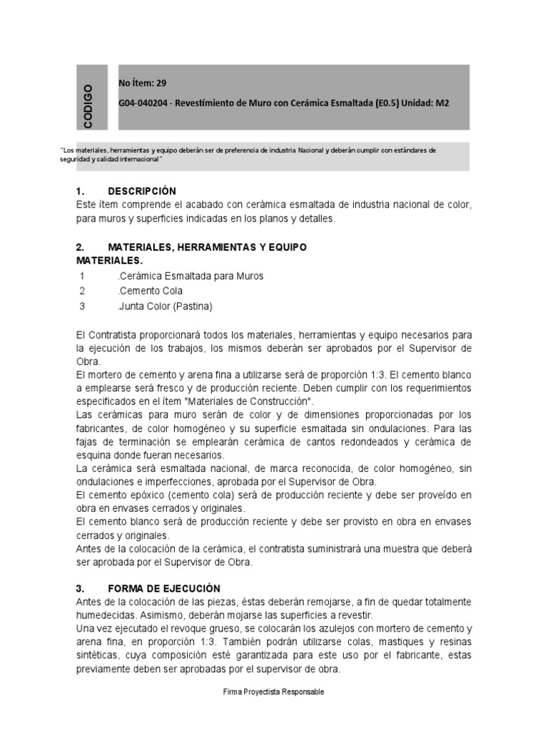 Especificacion Tecnica de Revestimiento de Ceramica | PDF | Cerámica | Cemento