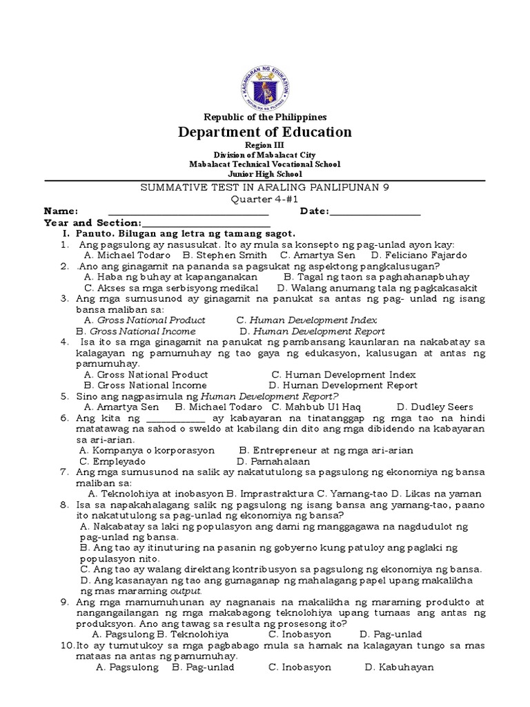 Summative-Test-In-Ap-9-Week 1 q4 | PDF