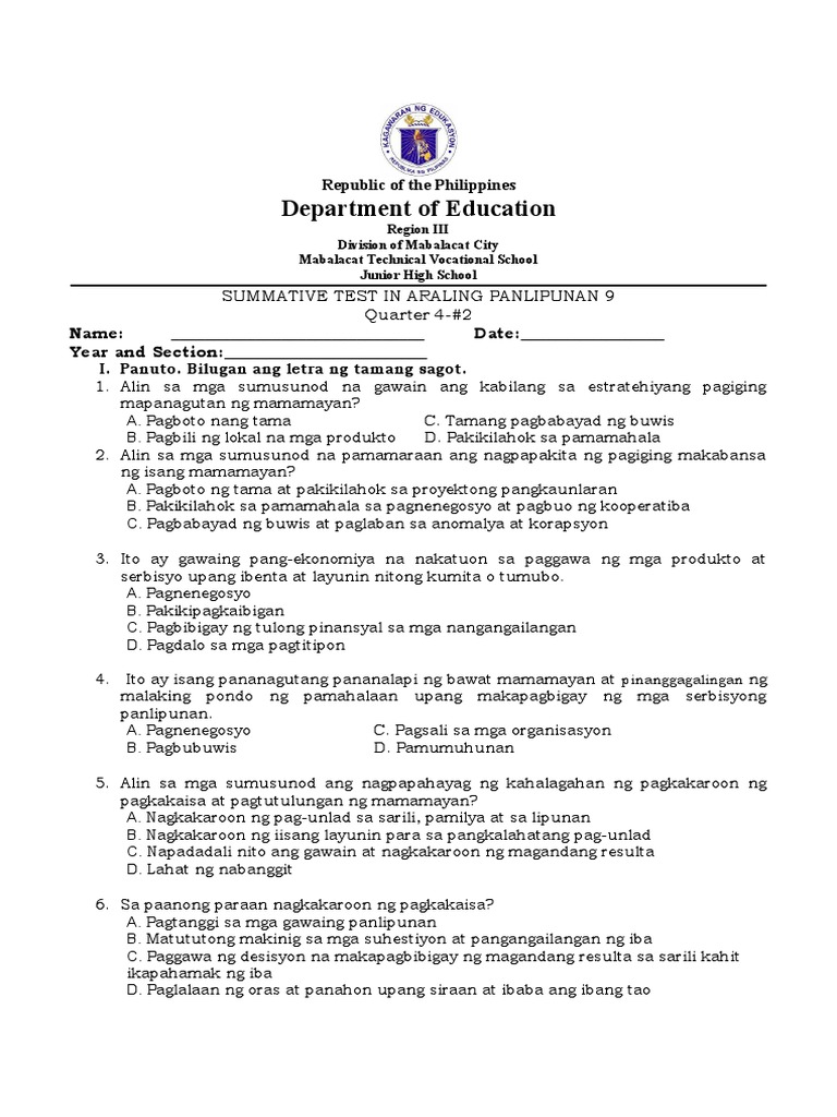 Summative-Test-In-Ap-9-Week 2 q4 | PDF