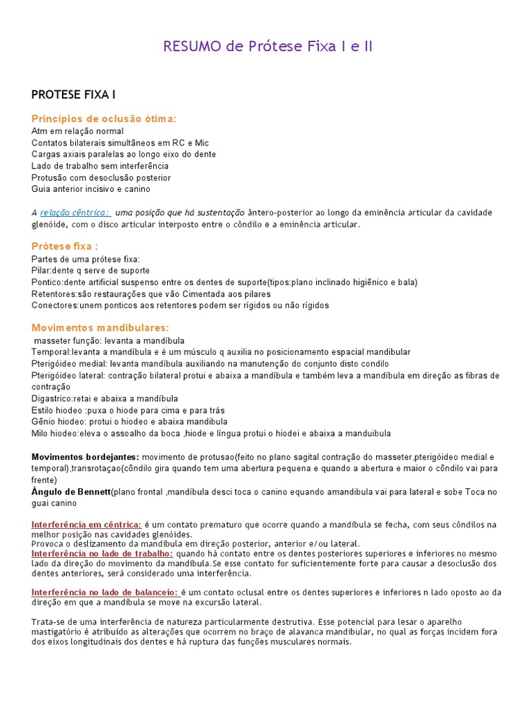 RESUMO PROTESE FIXA I e II | PDF | Dente | Prótese