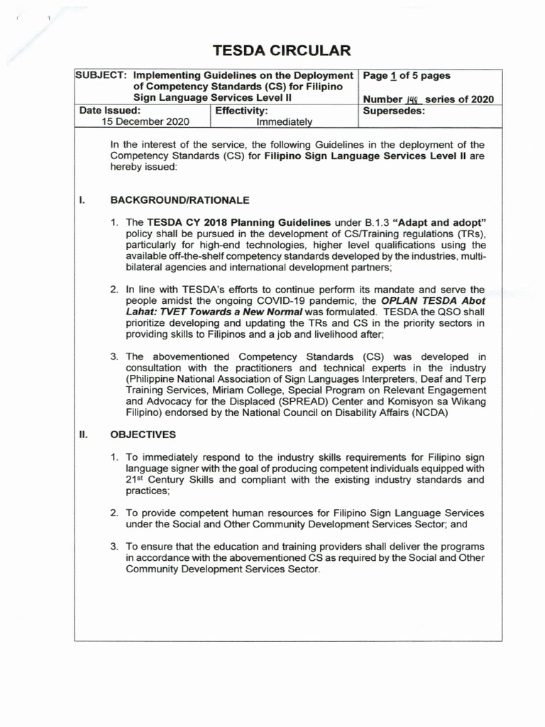 TESDA Circular No. 148-2020 | PDF | Sign Language | Cognition
