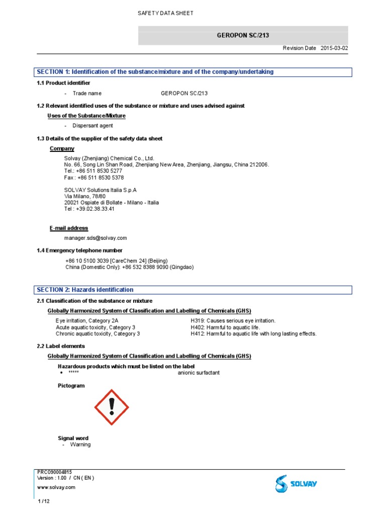 Safety Data Sheet for Geropon SC/213 Dispersant: Hazards and Handling ...