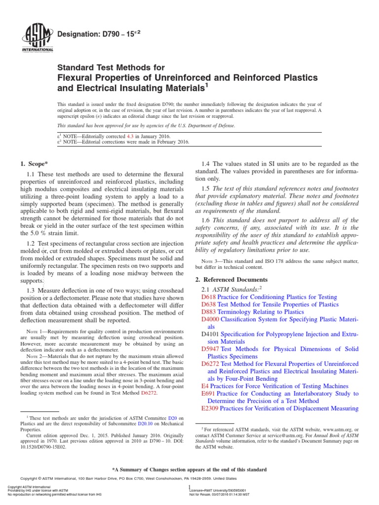 ASTM D 790-15e2 | PDF | Deformation (Engineering) | Strength Of Materials