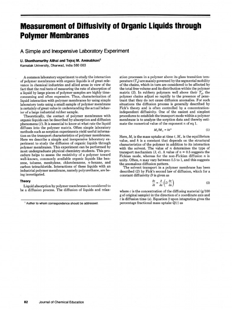 Measurement of Diffusivity of Organic Liquids Through Polymer Membranes ...