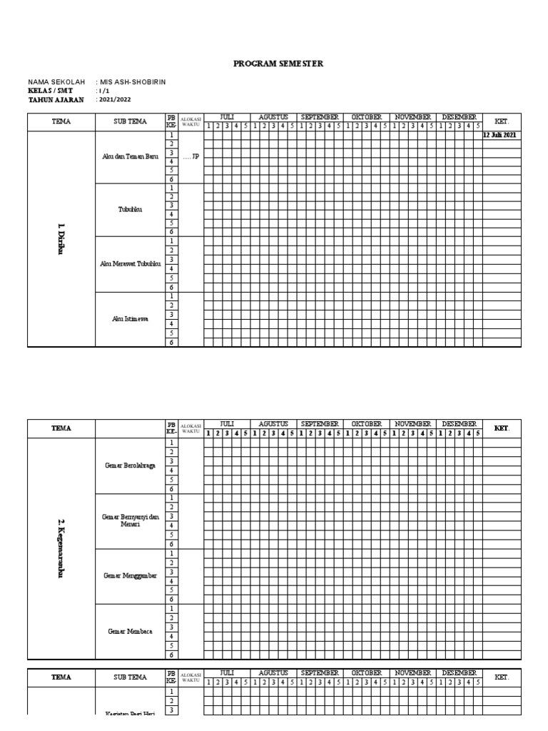 Contoh Promes Kls 1 Semester 1 | PDF