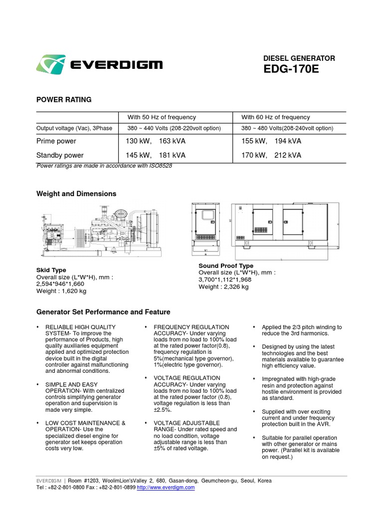 Specsheet EDG-170E 2013.01 | PDF | Electric Generator | Mains Electricity