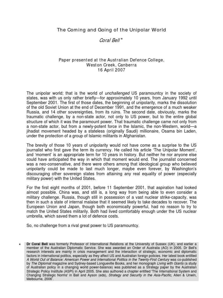 The Coming and Going of The Unipolar World: Coral Bell | PDF | Great ...