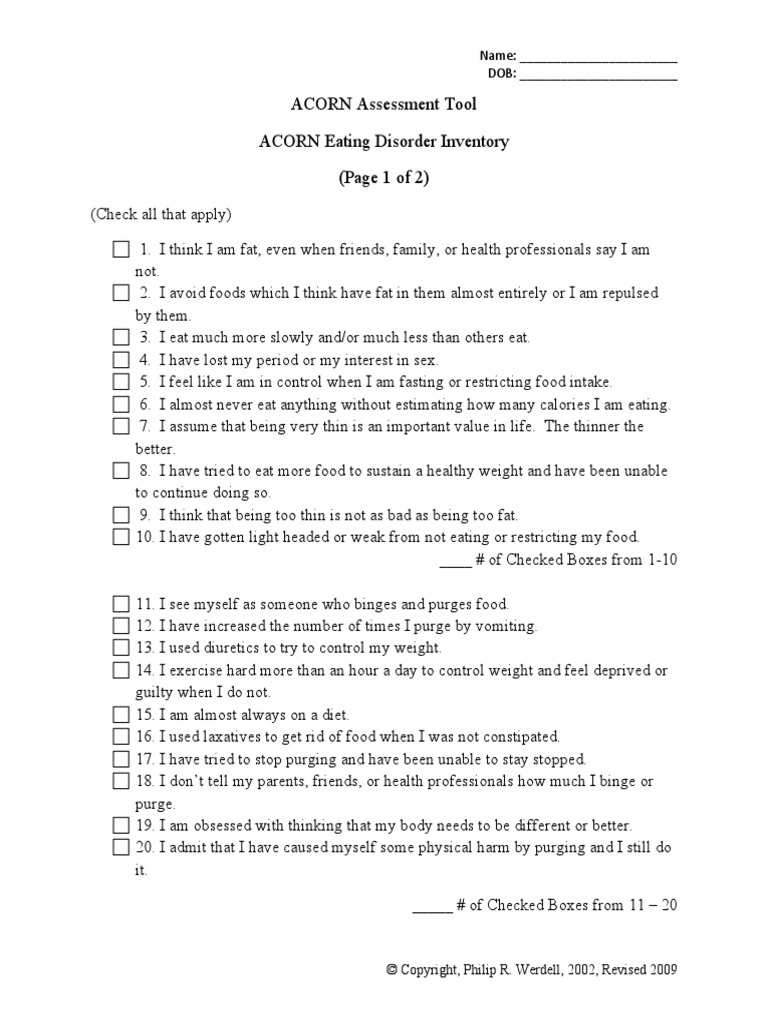 ACORN Assessment Tool ACORN Eating Disorder Inventory (Page 1 of 2 ...