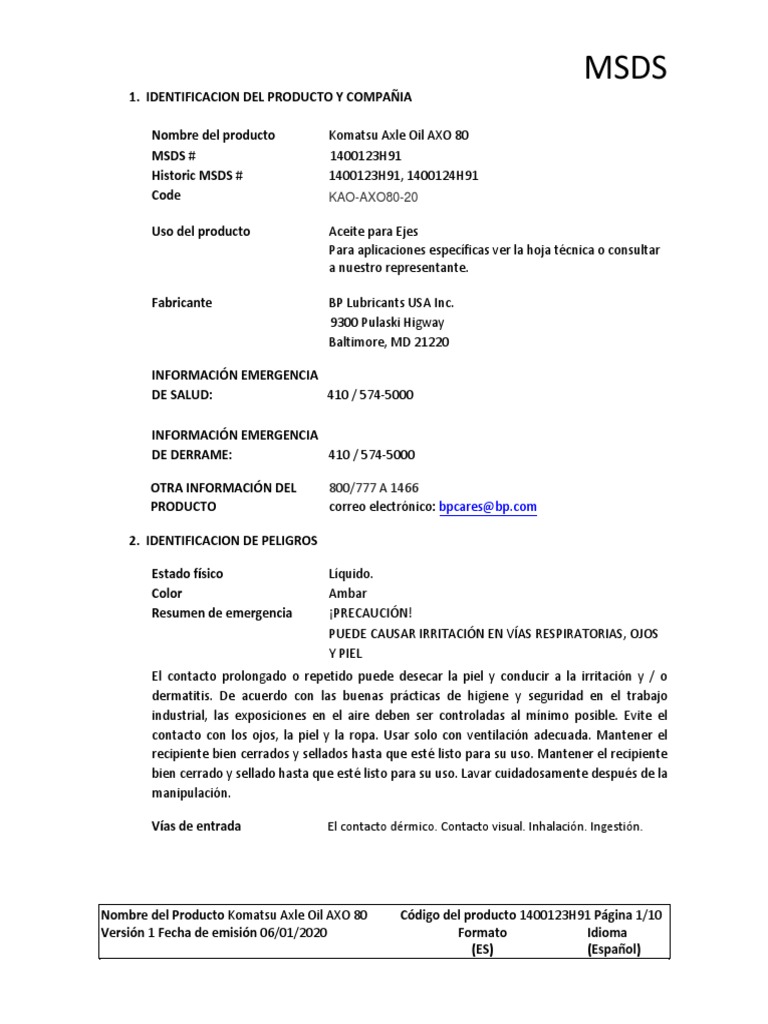 MSDS - Komatsu Axle Oil AXO 80 - Aceite para Ejes | PDF | Residuos ...