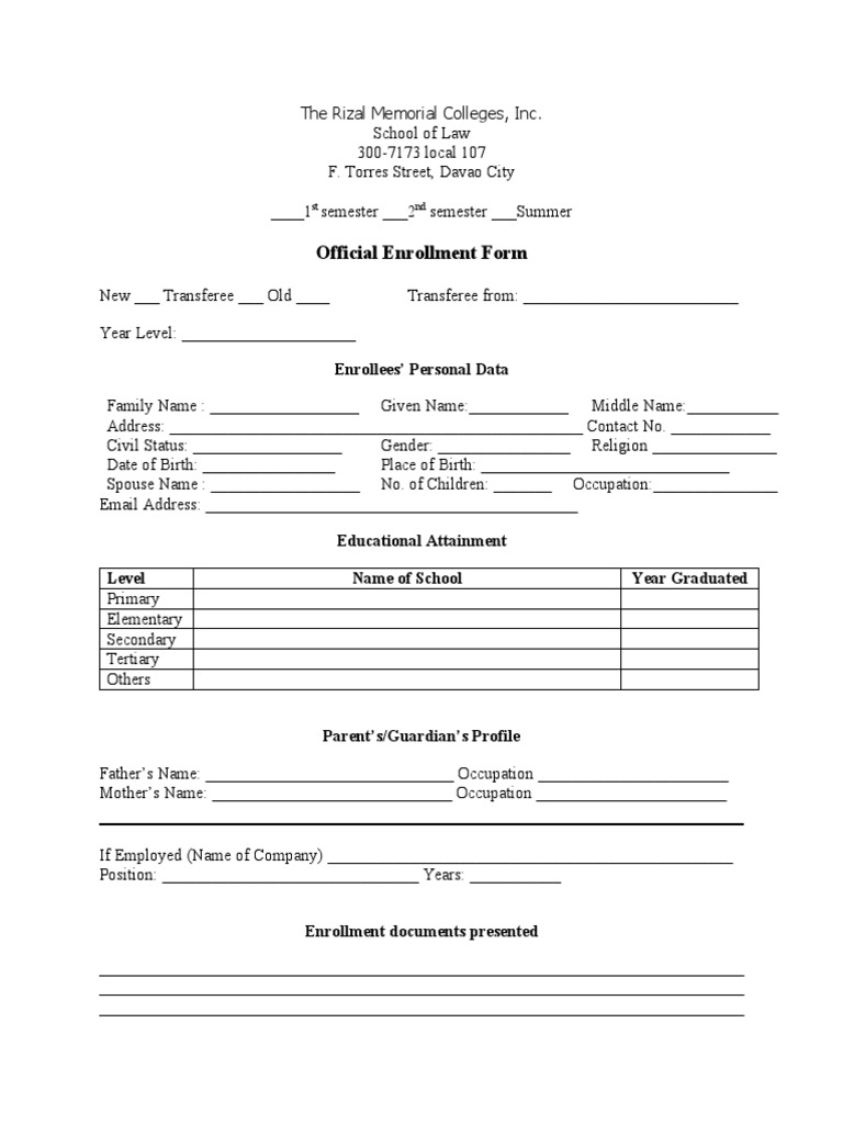 Official Enrollment Form: ST ND | PDF | Career & Growth | Law