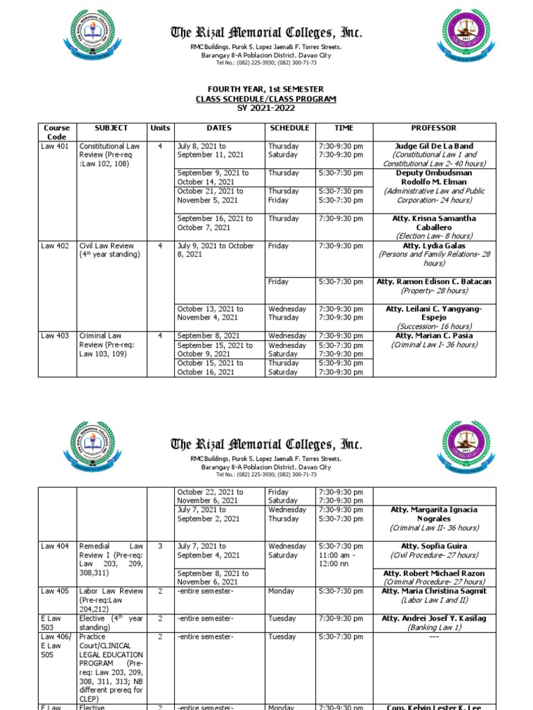 The Rizal Memorial Colleges, Inc.: Fourth Year, 1St Semester Class Schedule/Class Program | PDF ...