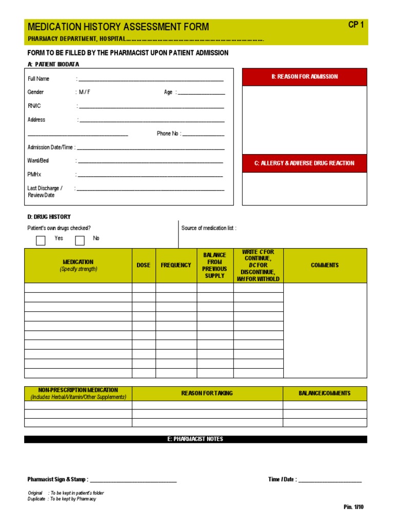 Medication History Assessment Form: Form To Be Filled by The Pharmacist ...