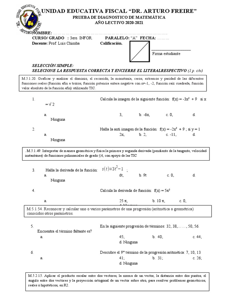 Prueba Diagnóstica de Matemáticas 3° A | PDF | Derivado | Función ...