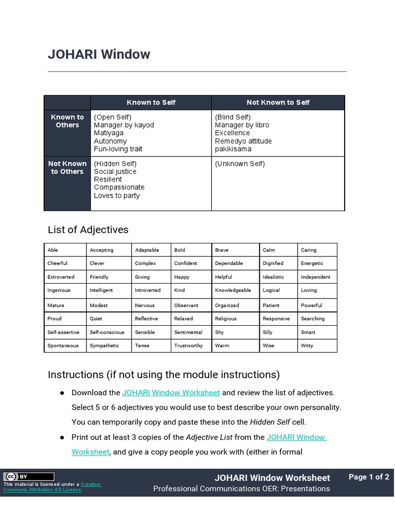 JOHARI Window Worksheet | PDF | Cognition | Social Psychology