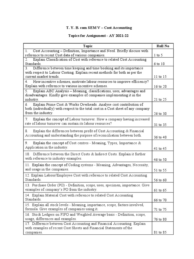 List of Topics For Cost Accounting Assignments - Sem V - AY 2021-22-1 | PDF | Cost Accounting ...