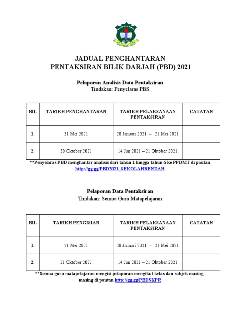 Jadual Penghantaran PBD 2021 | PDF