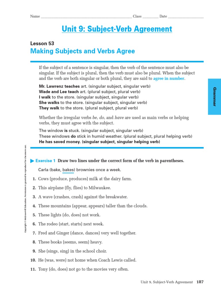 Unit 9: Subject-Verb Agreement: Making Subjects and Verbs Agree | PDF ...