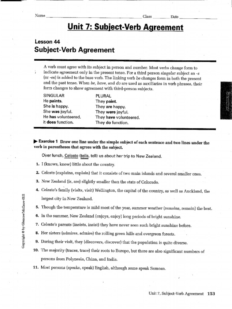 Workbook Unit 7 - Subject-Verb Agreement | PDF