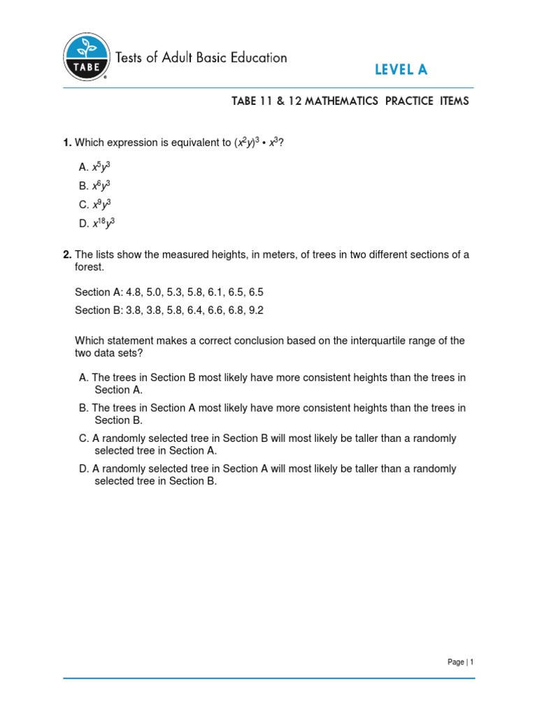 TABE Level A Math | PDF | Metrology | Physical Quantities