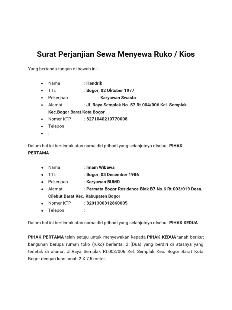 Surat Perjanjian Sewa Menyewa Ruko | PDF