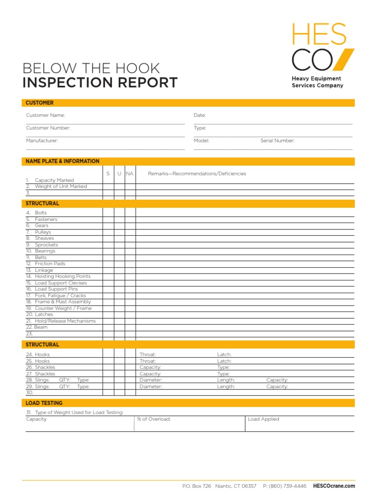 Hesco Crane Inspection Checklist Below The Hook Device | PDF