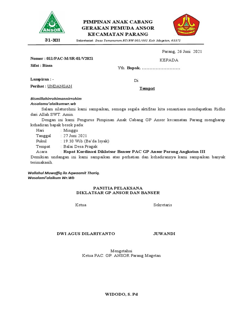 Surat Pemberitahuan Kegiatan PAC ANSOR | PDF