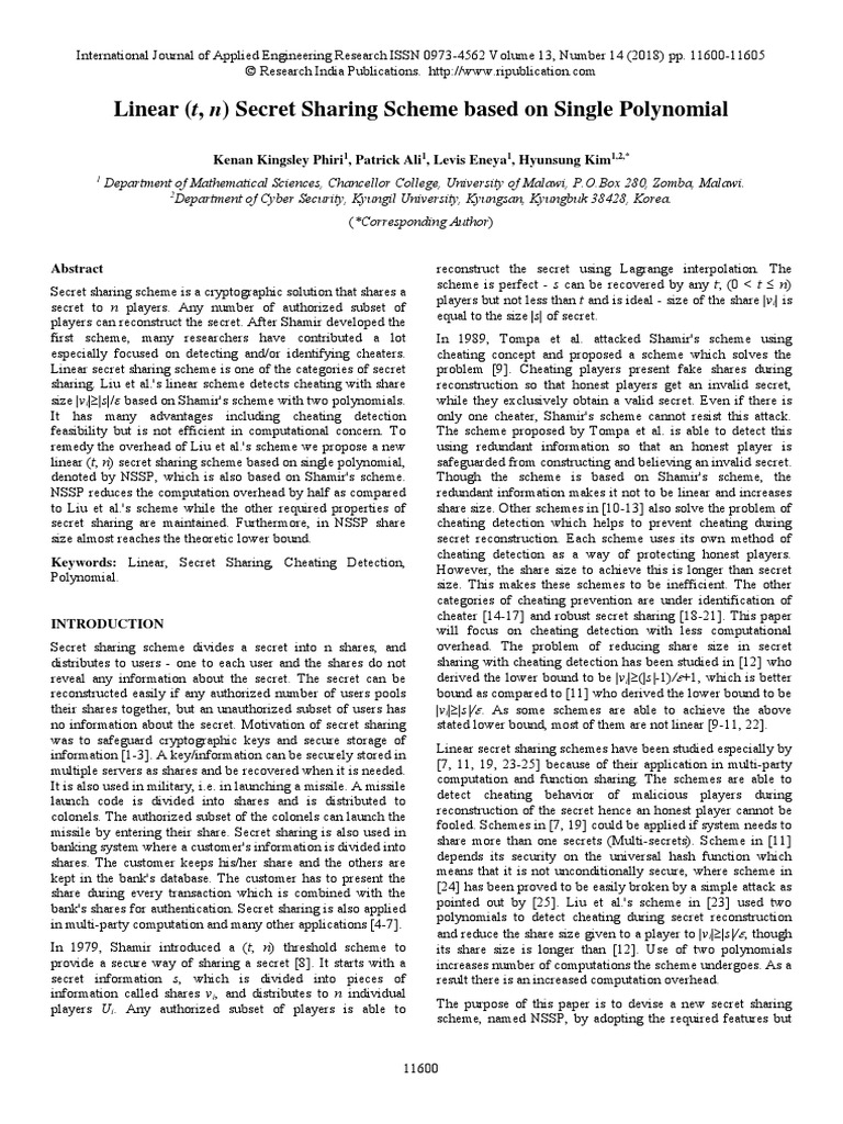 Linear (T, N) Secret Sharing Scheme Based On Single Polynomial (2018 ...