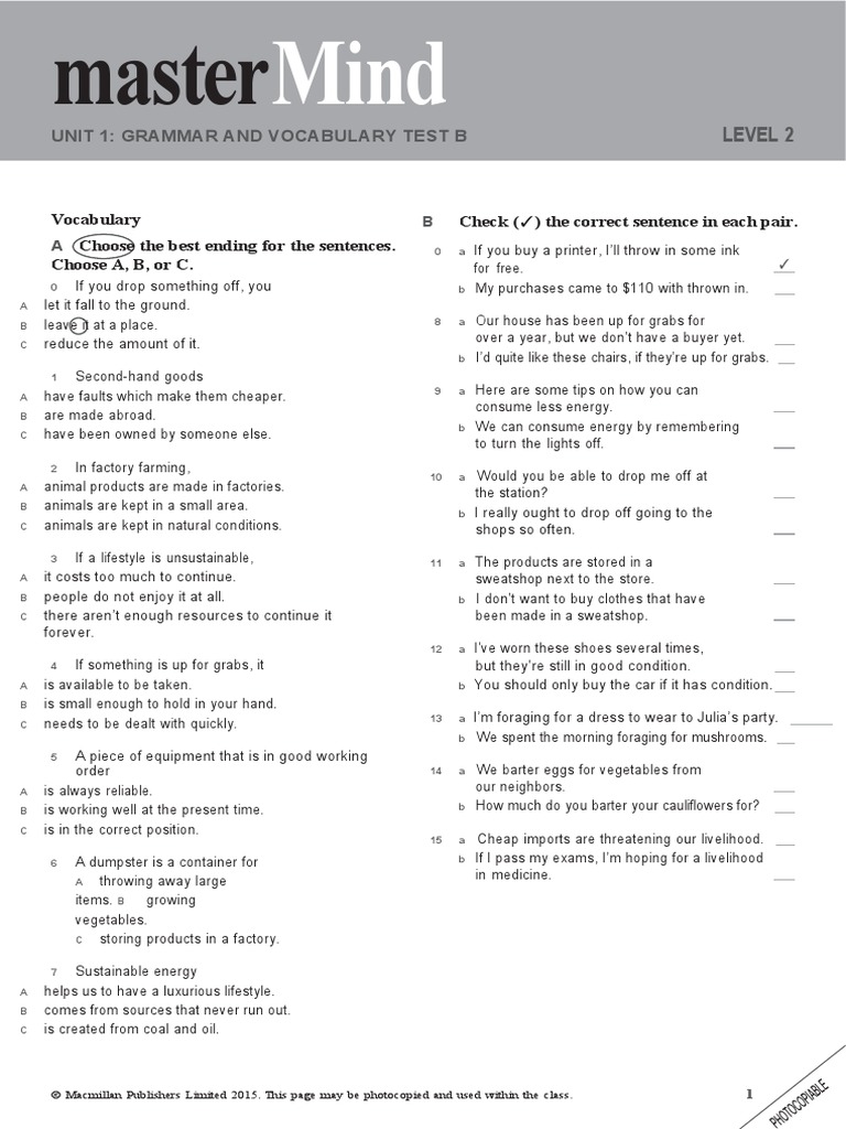 Mastermind 2 Unit 1 Grammar and Vocabulary Test B | PDF