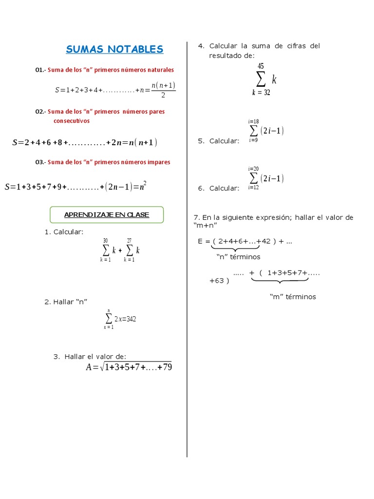 Sumas Notables: S 1+2+3+ 4+. - .. .. - .. .. .+N N (n+1) | PDF ...
