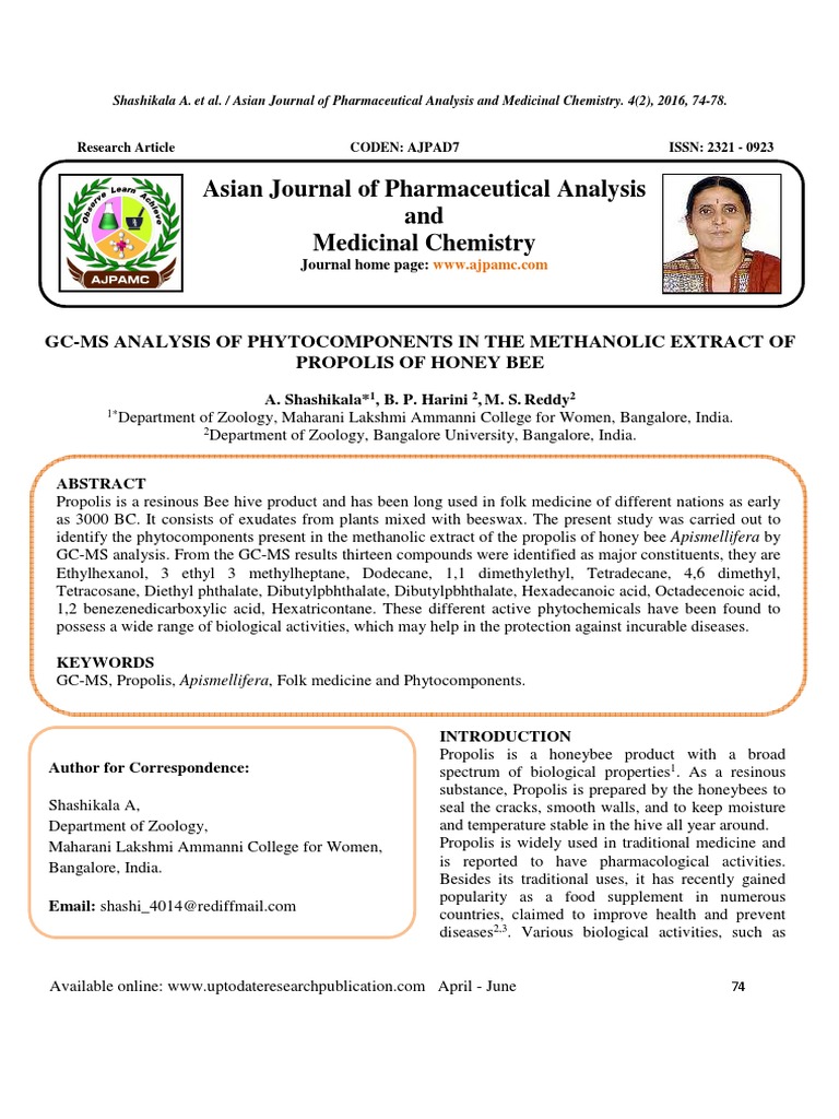 GC-MS Analysis of Phytocomponents in The Methanolic Extract of Propolis of Honey Bee | PDF | Gas ...