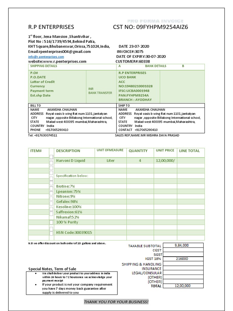 Proforma Invoice5 | PDF | Services (Economics) | Service Industries