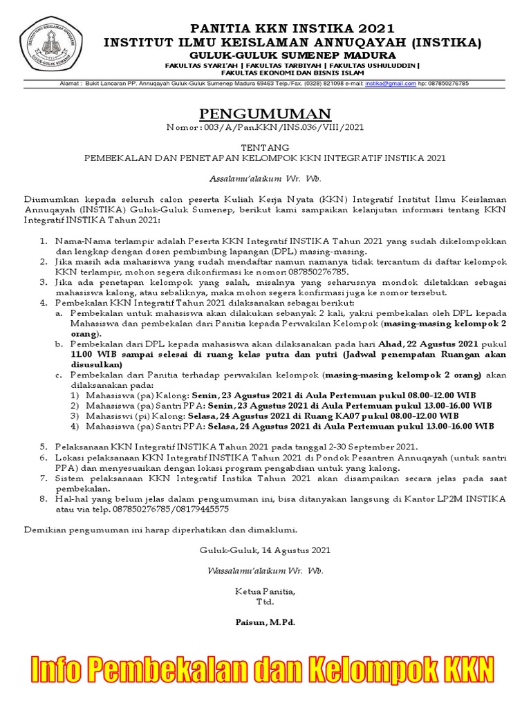 Pengumuman Pembekalan Dan Penetapan Kelompok KKN | PDF