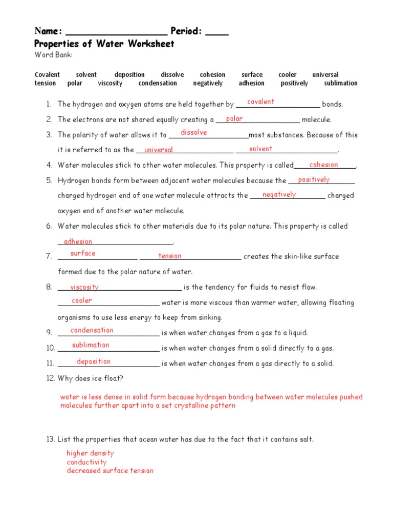 Properties of Water Worksheet KEY | PDF | Properties Of Water | Water