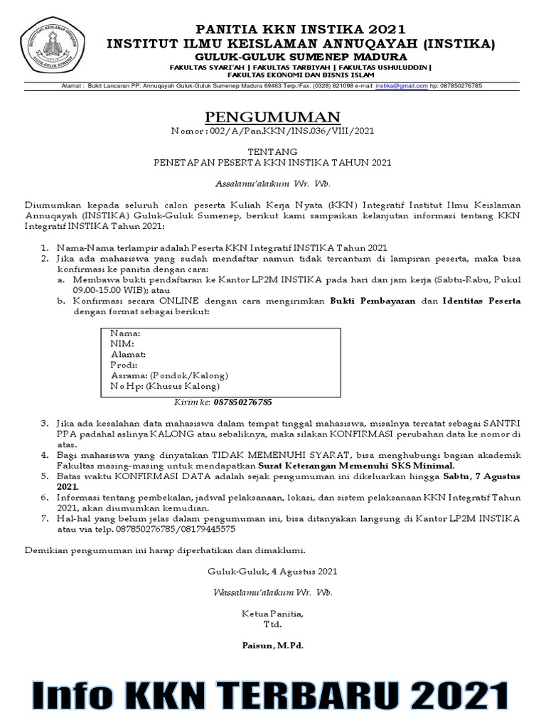 Pengumuman Peserta KKN INSTIKA 2021 | PDF