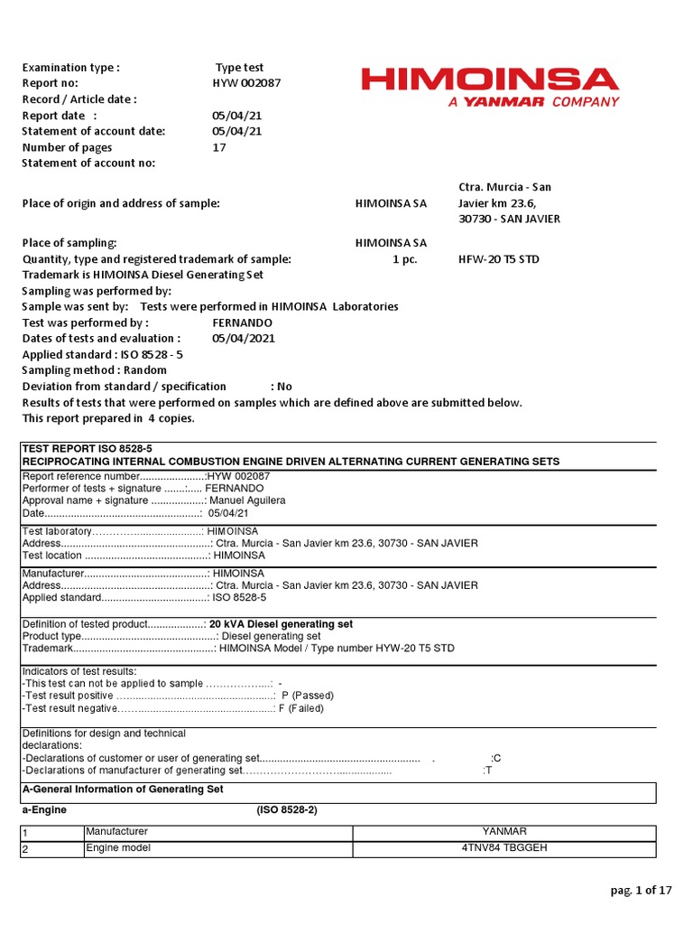 Test Report Iso 8528-5 Reciprocating Internal Combustion Engine Driven ...