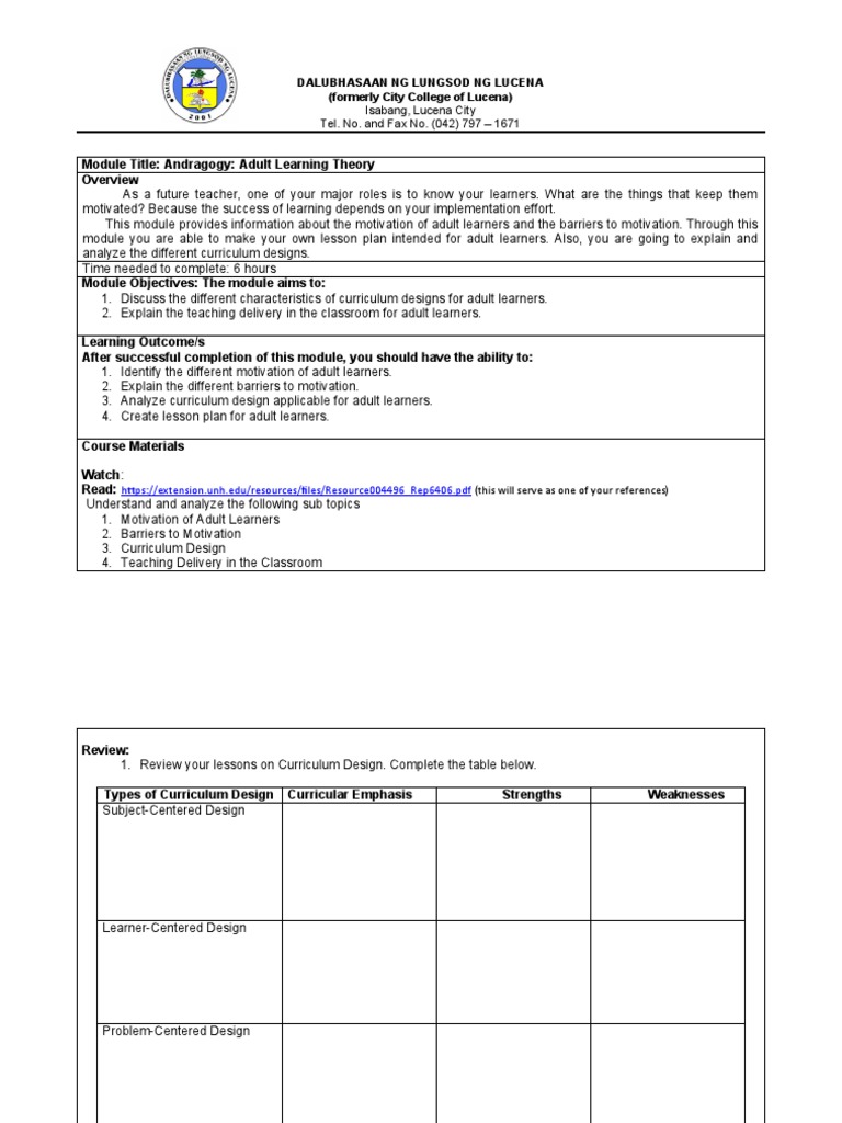 Module Title: Andragogy: Adult Learning Theory: Dalubhasaan NG Lungsod ...