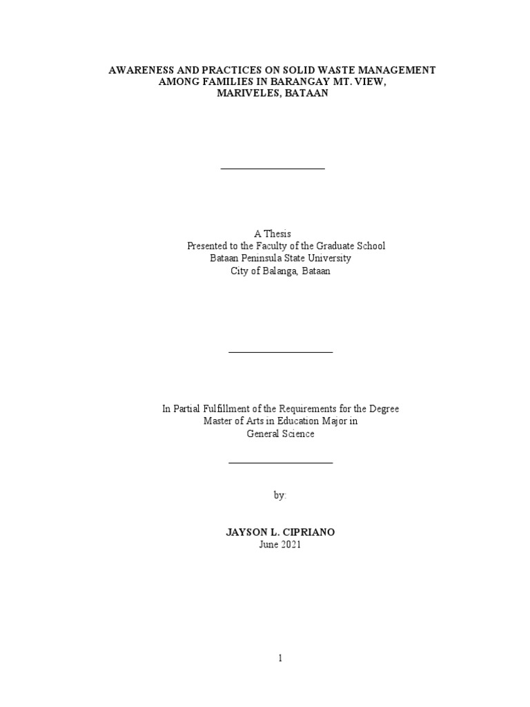 Chapter I-III AWARENESS AND PRACTICES ON SOLID WASTE MANAGEMENT AMONG ...