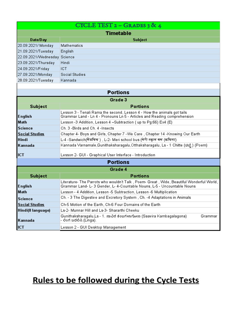 Cycle Test 2 Timetable for Grades 3 & 4 | PDF | Linguistics | Human ...