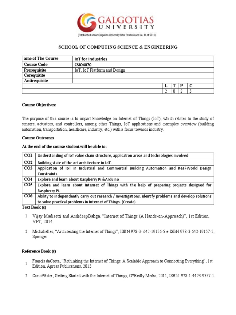 CSIO4070 IoT For Industries Syllabus | PDF | Internet Of Things ...