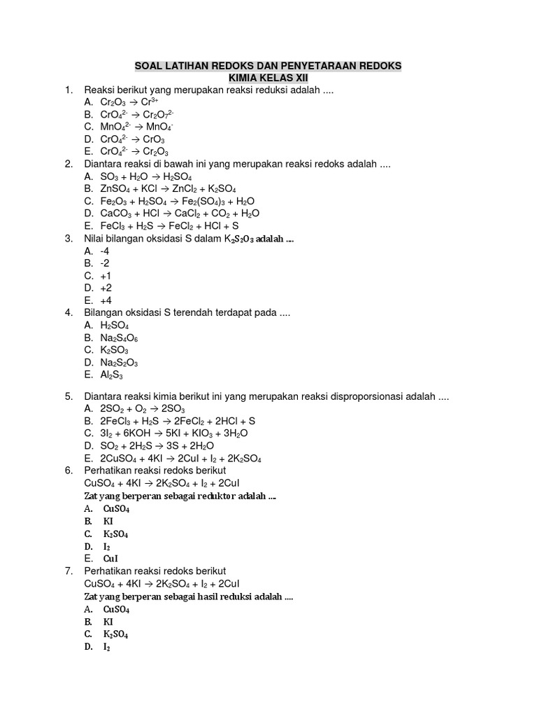 Soal Latihan Redoks Dan Penyetaraan Redoks | PDF