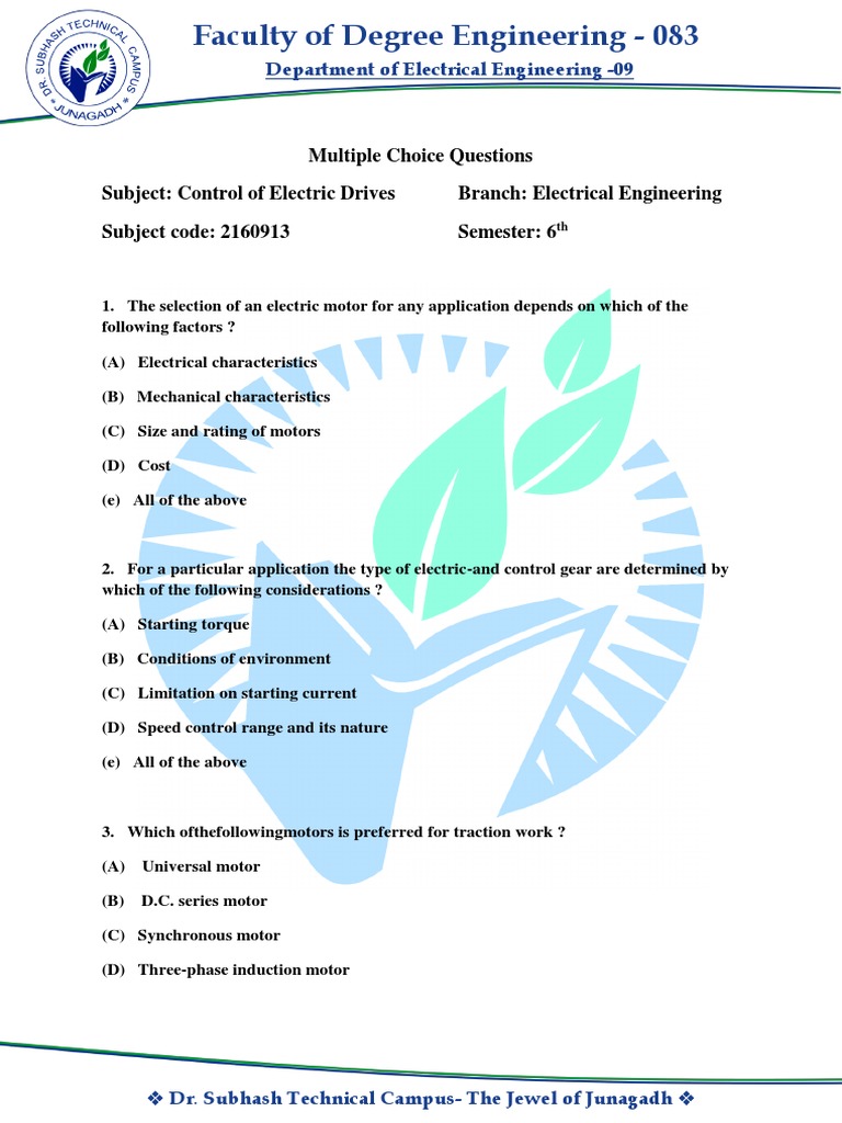 Multiple Choice Questions Subject: Control of Electric Drives Branch ...